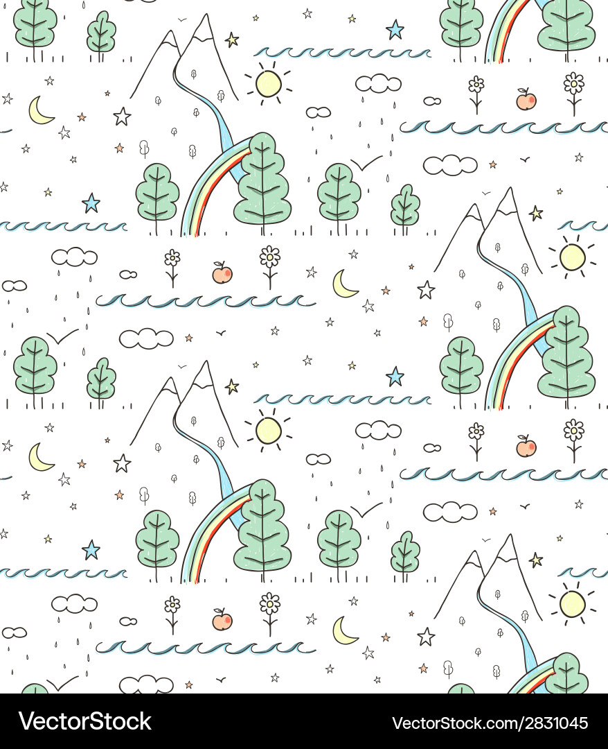 Seamless nature landscape line drawing Royalty Free Vector
