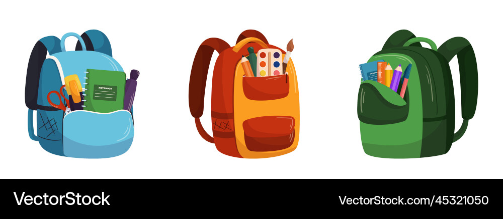 Student backpacks with paints stationery Vector Image