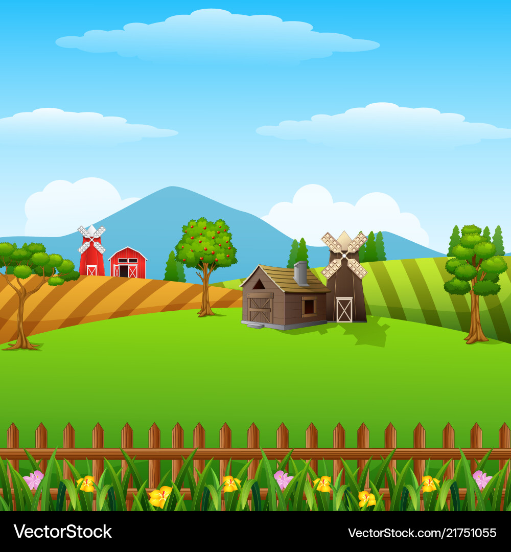 Farm landscape with shed and windmill Royalty Free Vector
