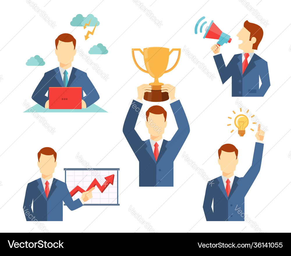 Set businessman icons flat style Royalty Free Vector Image