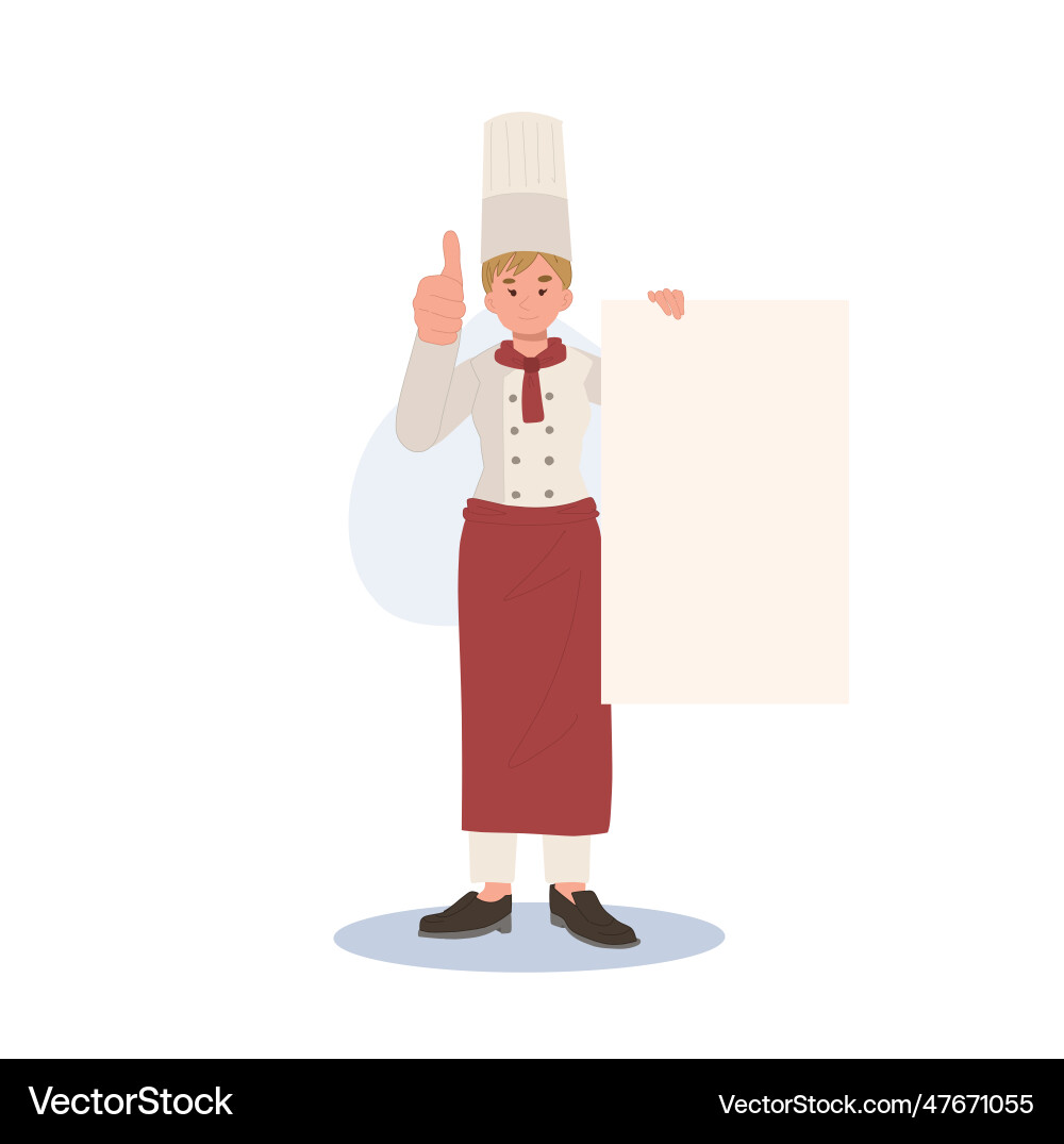 Woman chef holding menu and doing thumb up Vector Image