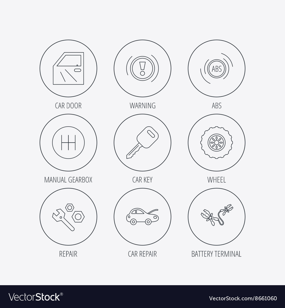 Car key repair tools and manual gearbox icons Vector Image