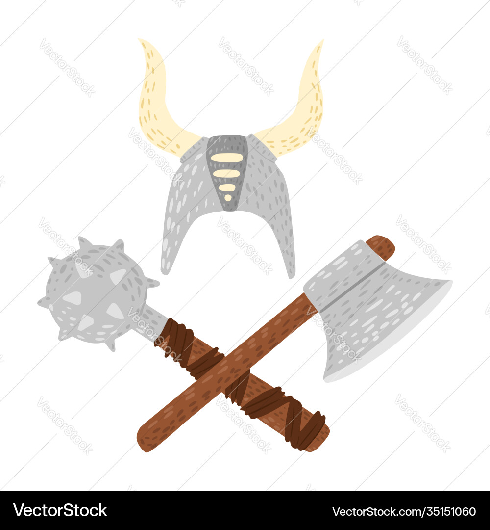 Composition helmet with flail and axe on white Vector Image