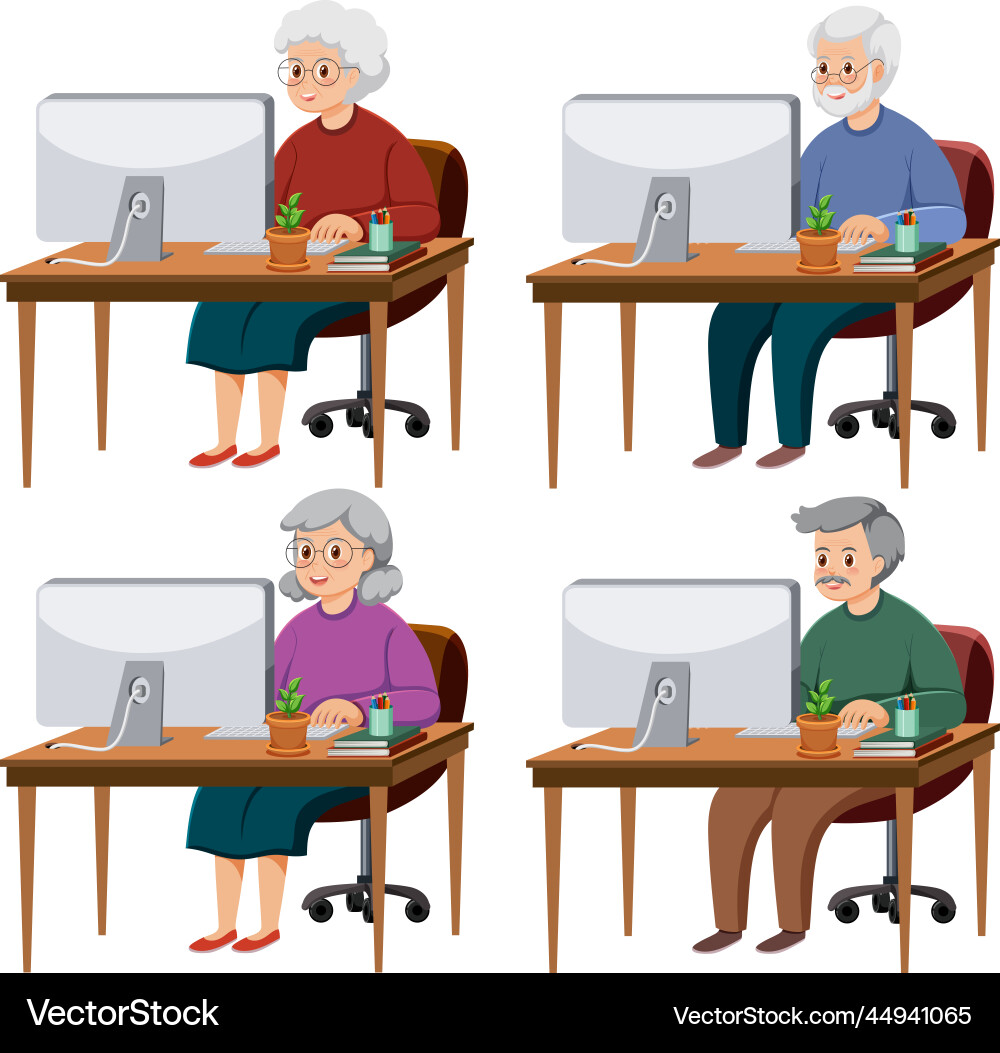 Elderly people sitting in front of computer Vector Image