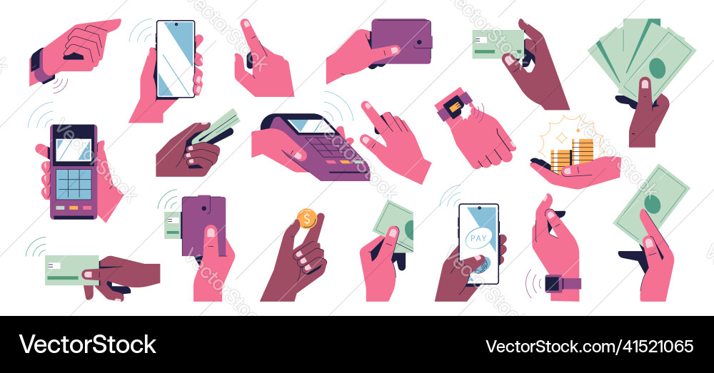 Set of hands making payment contactless payment Vector Image