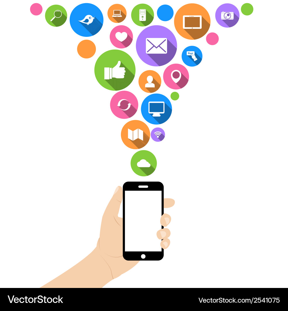 Hand hold phone with icons Royalty Free Vector Image