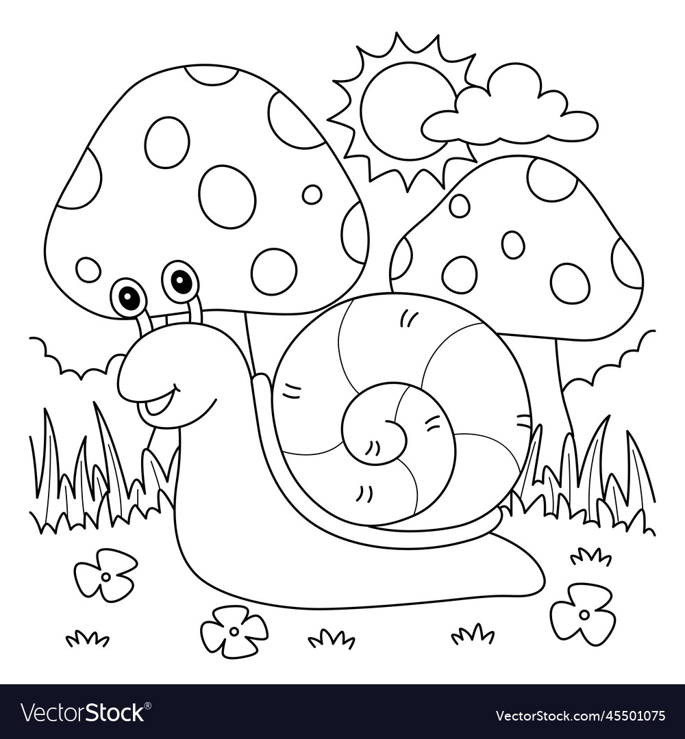 Spring snail with mushroom coloring page for kids Vector Image