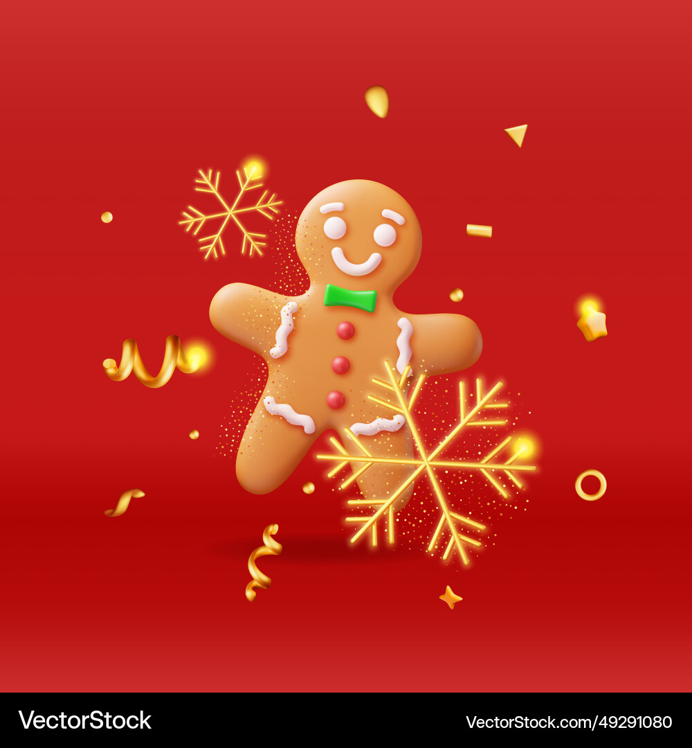 3d holiday gingerbread man cookie and confetti Vector Image