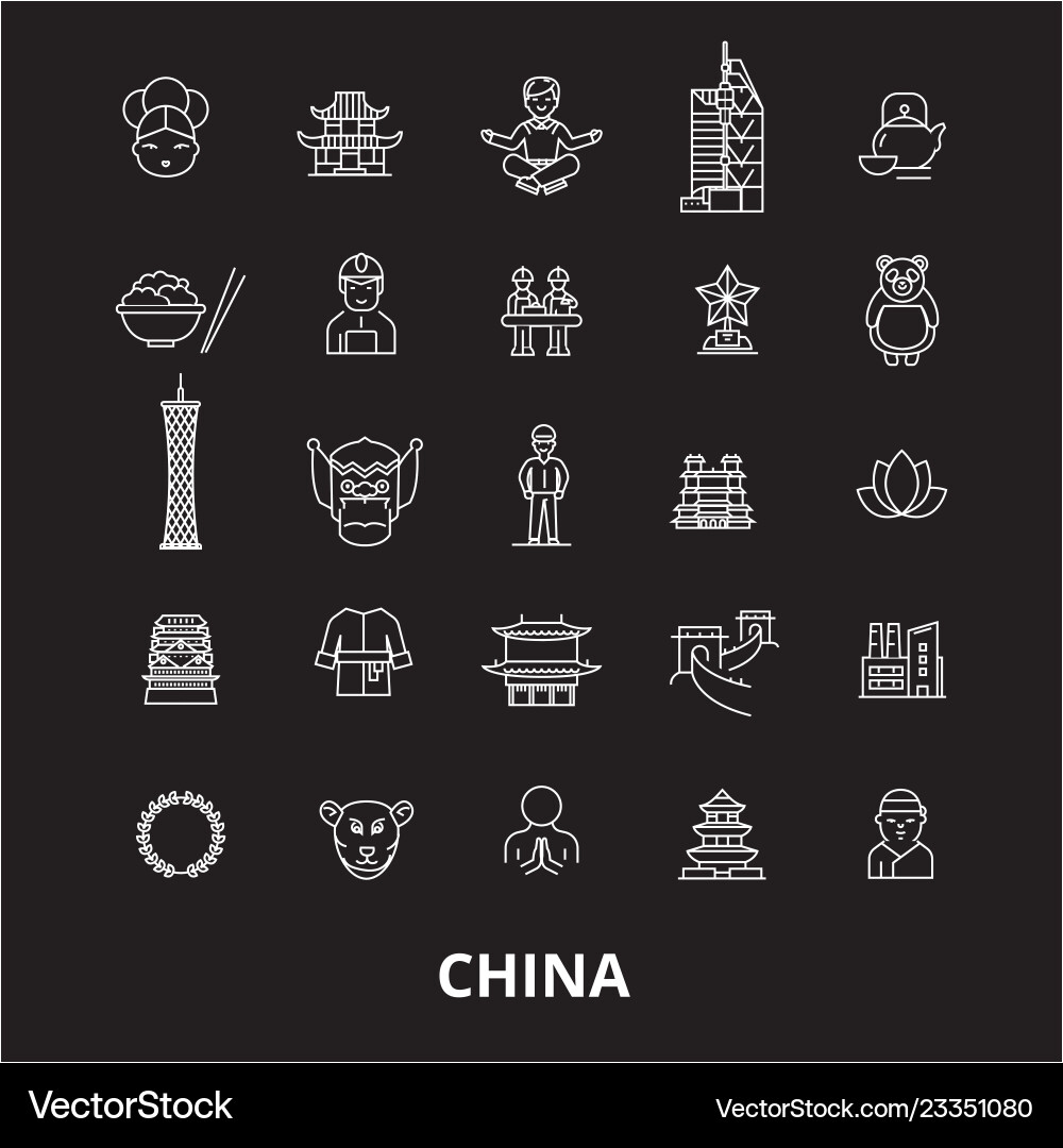 China editable line icons set on black Royalty Free Vector