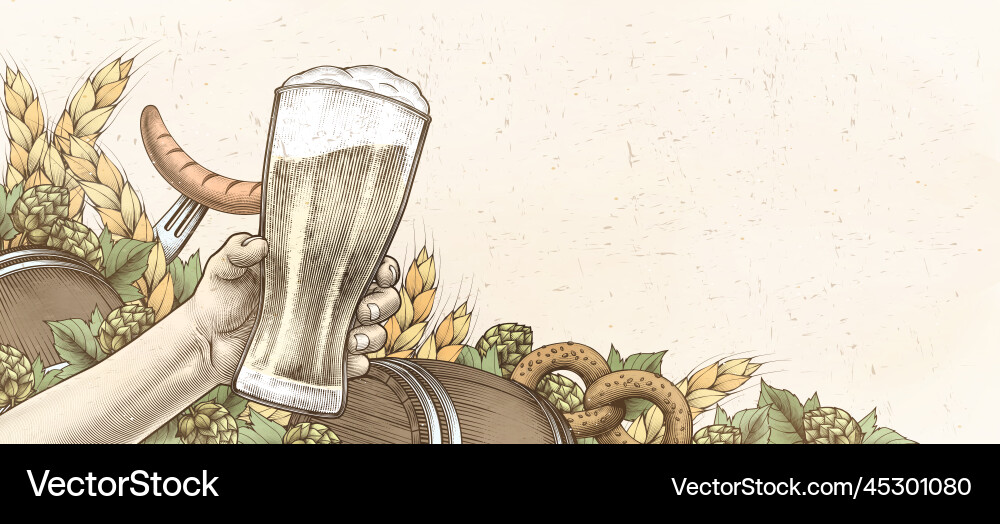 Retro woodcut hand holding beer Royalty Free Vector Image