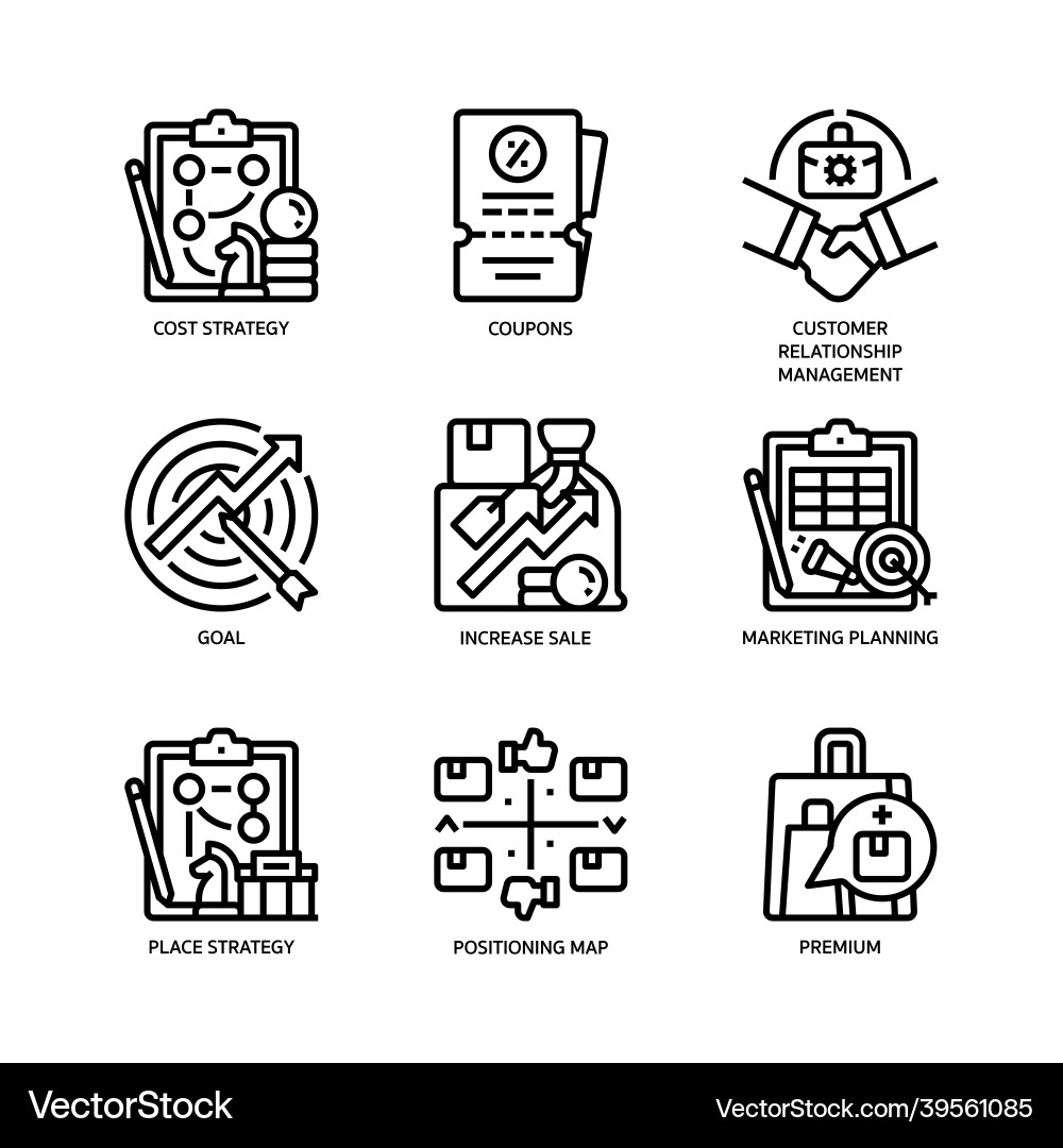 Marketing strategy icons set Royalty Free Vector Image