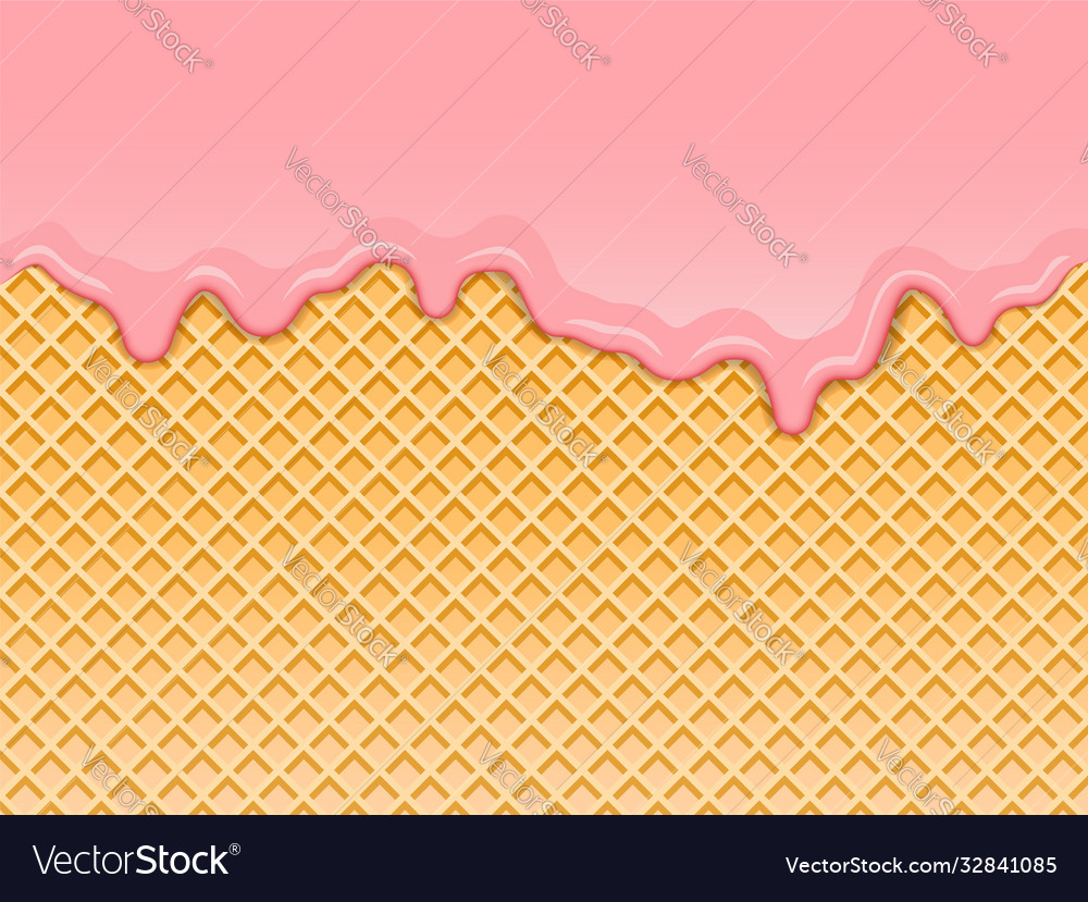 Pink Strawberry Ice Cream Melted On Waffle Vector Image