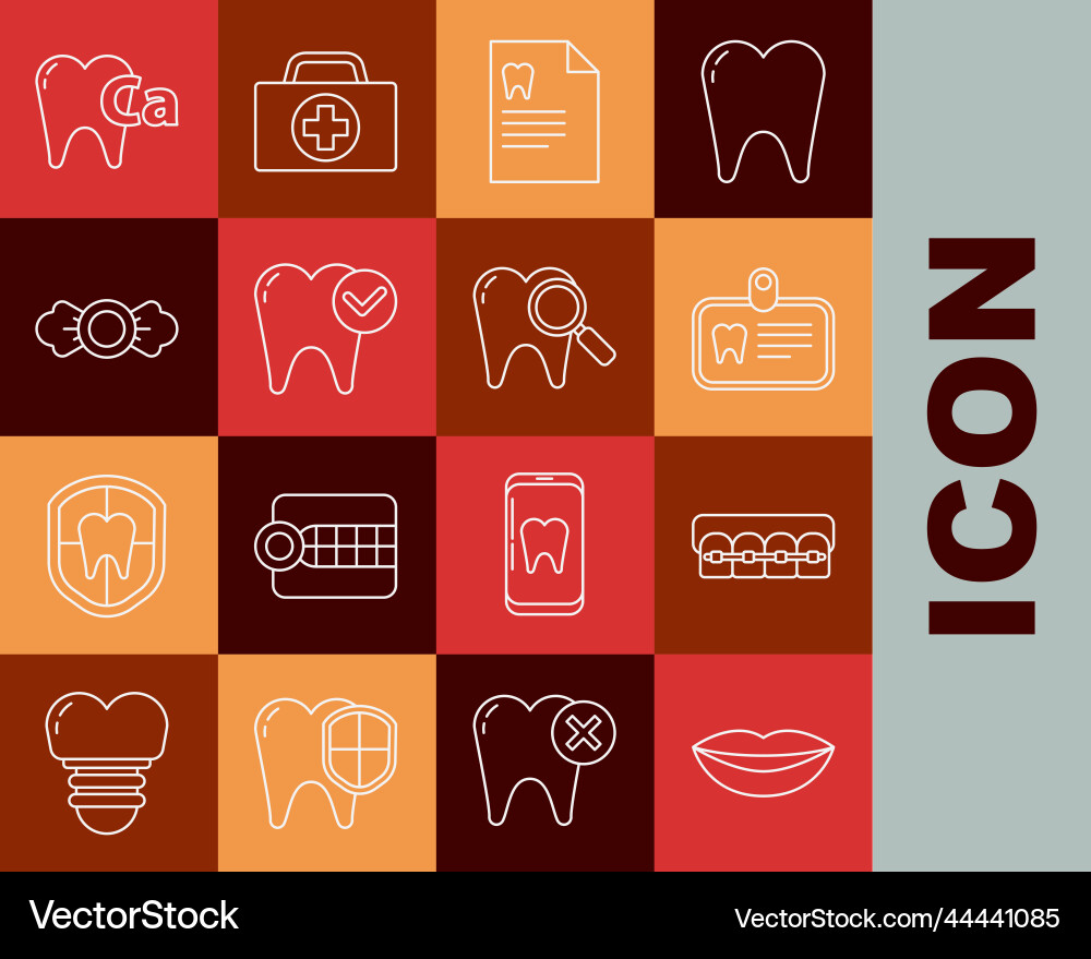 Set line smiling lips teeth with braces id card Vector Image