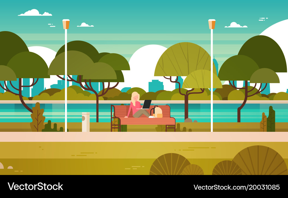 Young girl in park working on laptop computer Vector Image