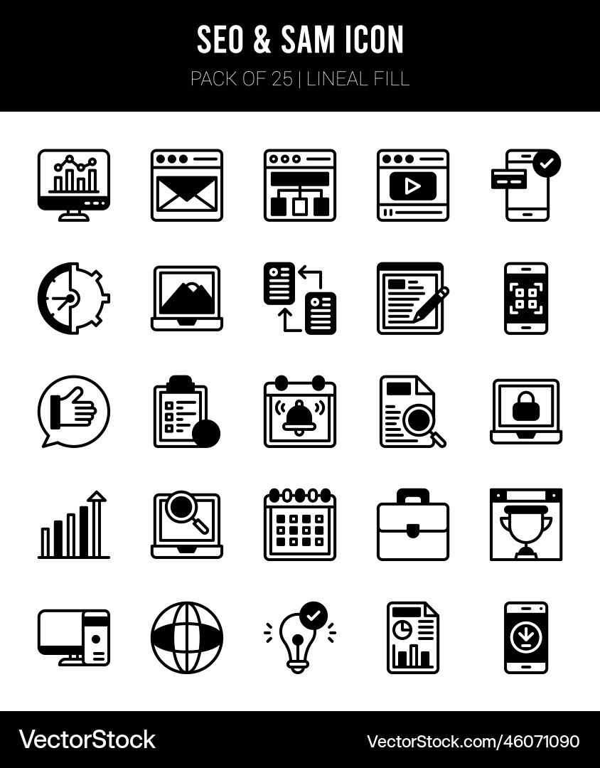 25 seo and sam lineal fill icons pack Royalty Free Vector