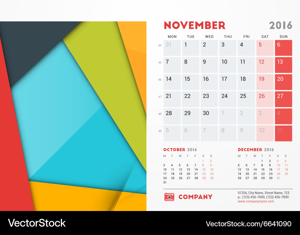 November 2016 desk calendar for year Royalty Free Vector
