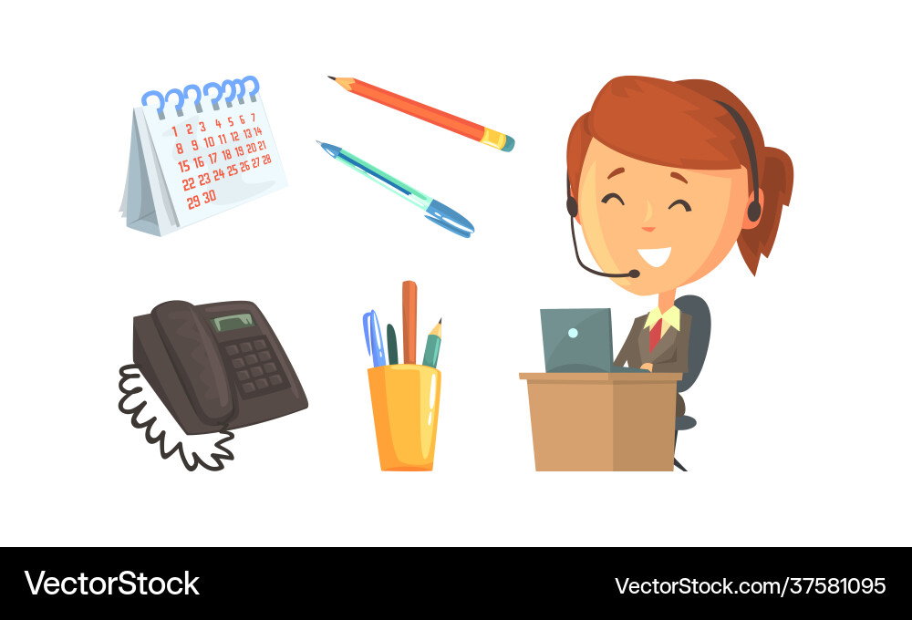 Call center operator with headset sitting at desk Vector Image