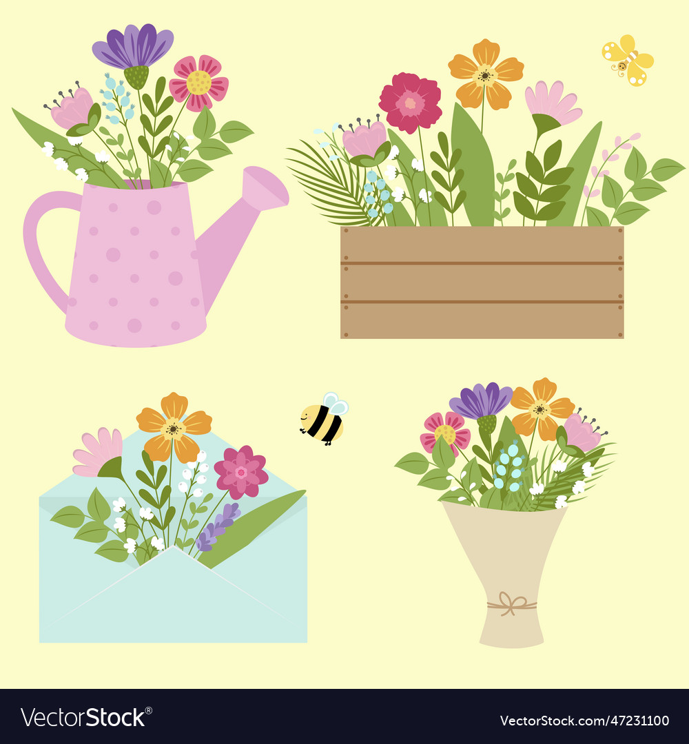 Bouquet of different flowers in a watering can Vector Image