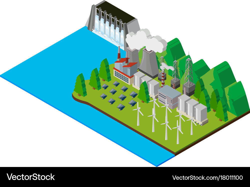 Dam and electronic machines by the river Vector Image