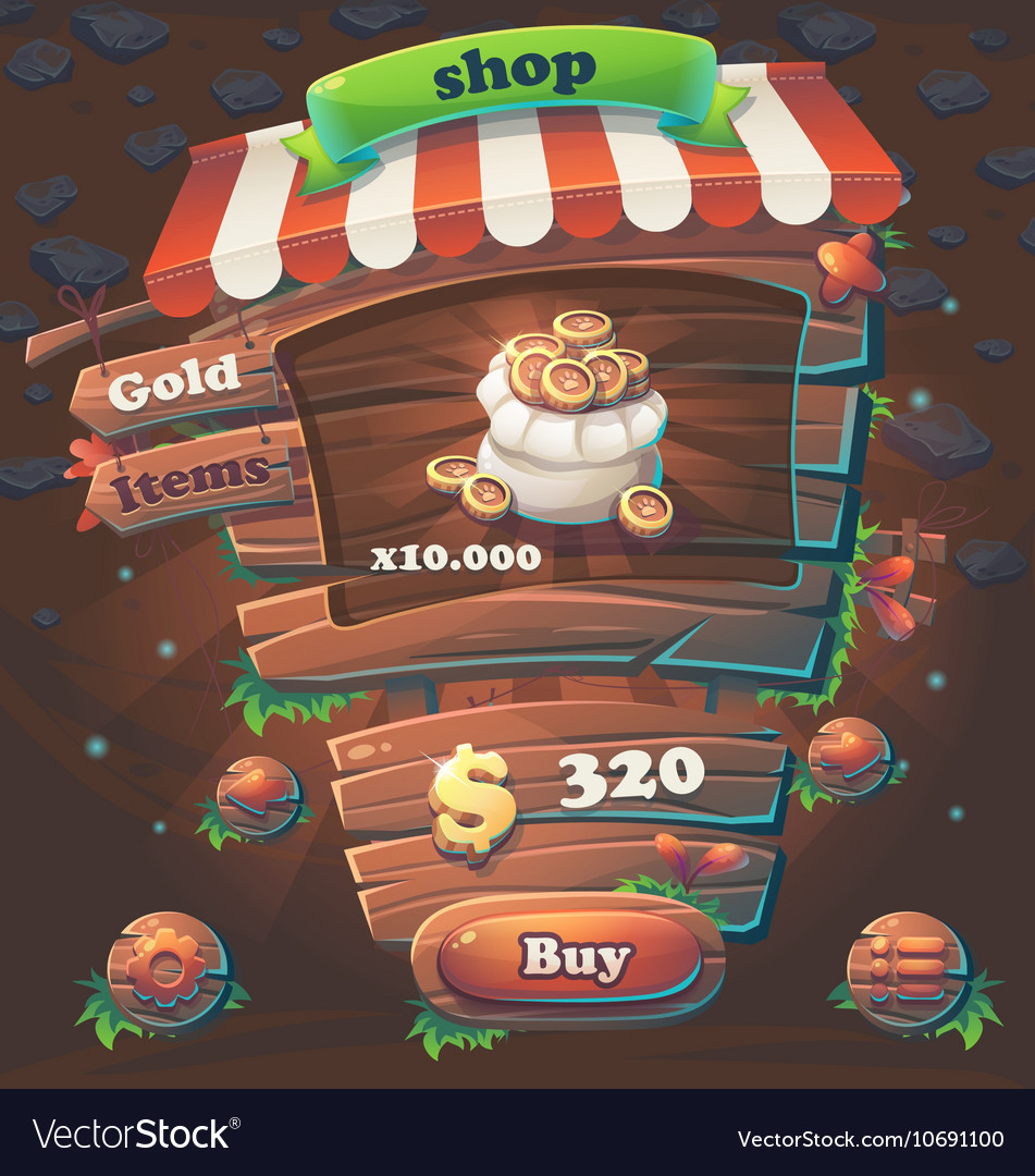 Wooden game user interface window shop Royalty Free Vector Wooden game user interface window shop Royalty Free Vector