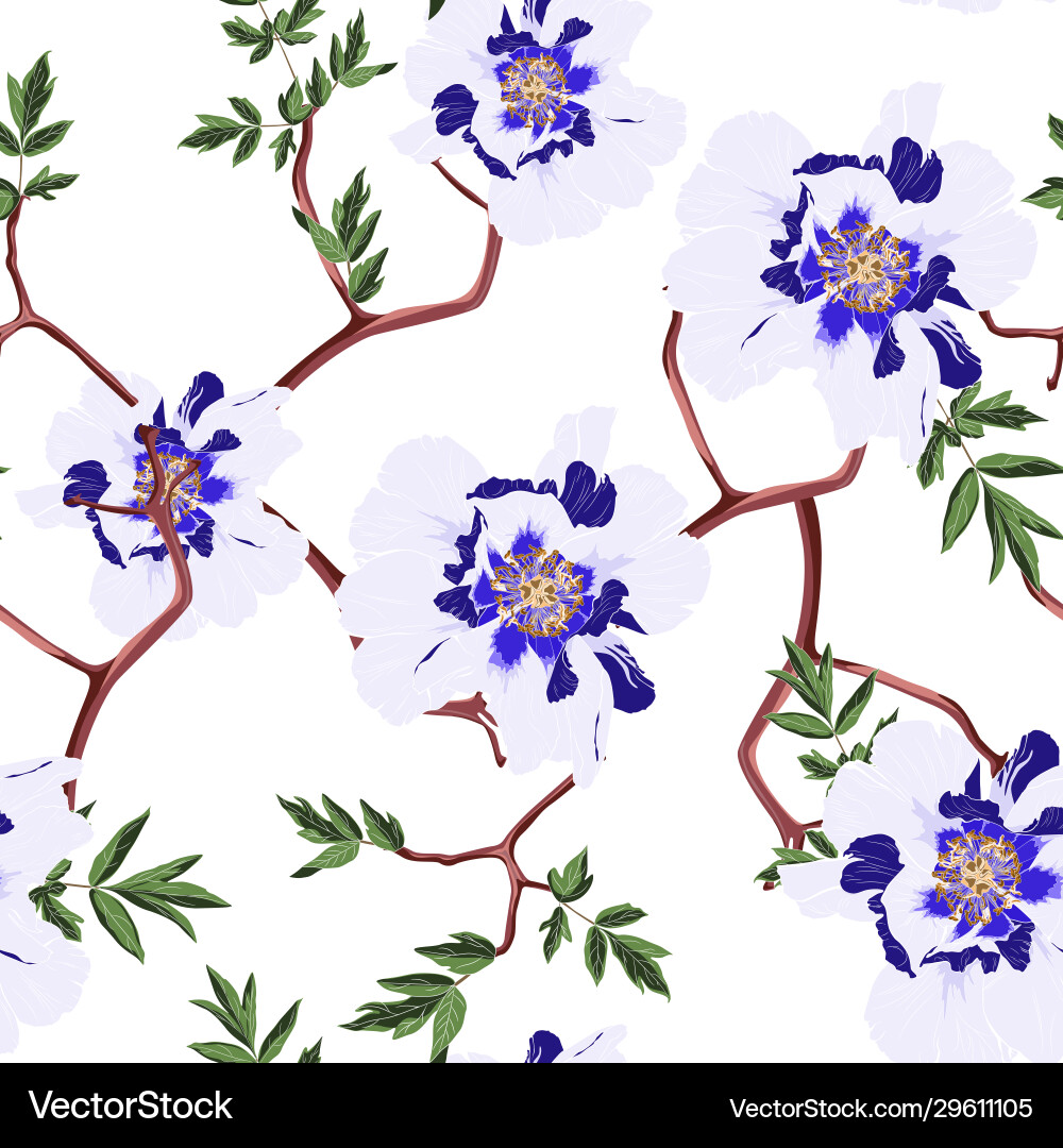 Blue peony branch with leaves seamless pattern Vector Image