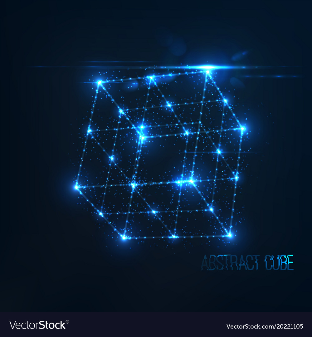 Neon cube in with lens flare and glowing particles