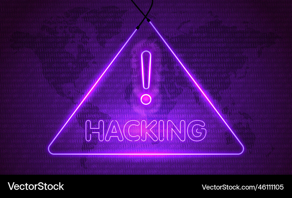 Neon word hacking symbol on map dark purple Vector Image