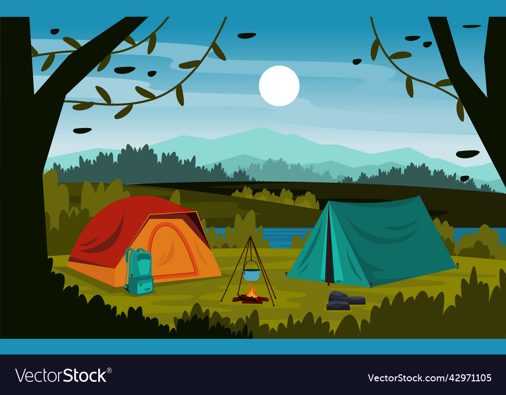 Summer camp tent outdoor lake nature adventure Vector Image