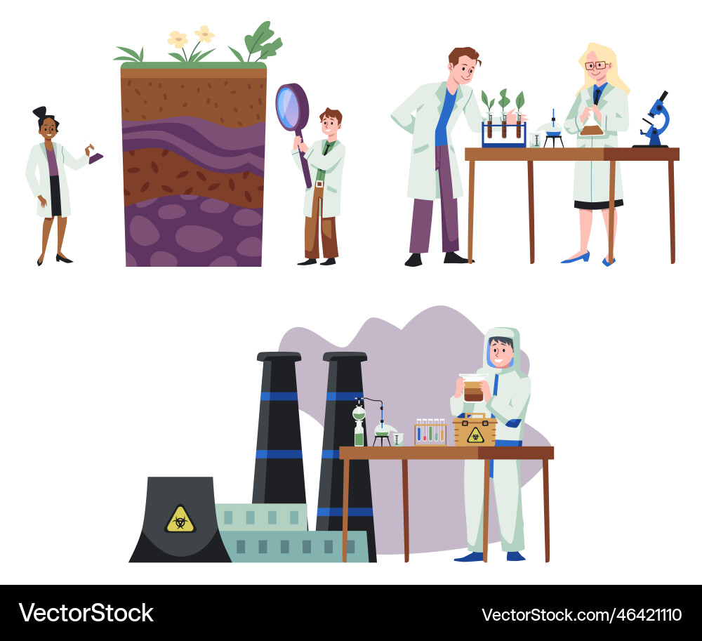 Scientists analyzing soil levels and composition Vector Image