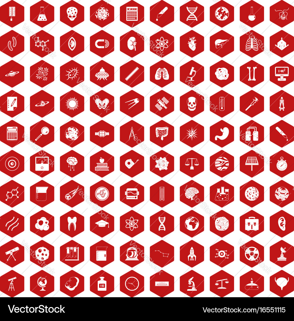 100 science icons hexagon red Royalty Free Vector Image