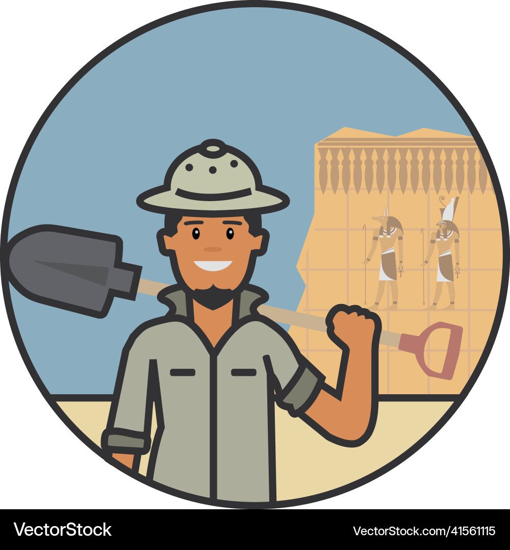 Cheerful archaeologist and egyptian artifacts Vector Image