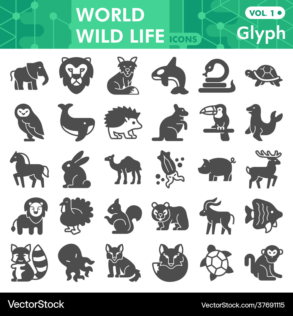 World wildlife solid icon set animal symbols Vector Image