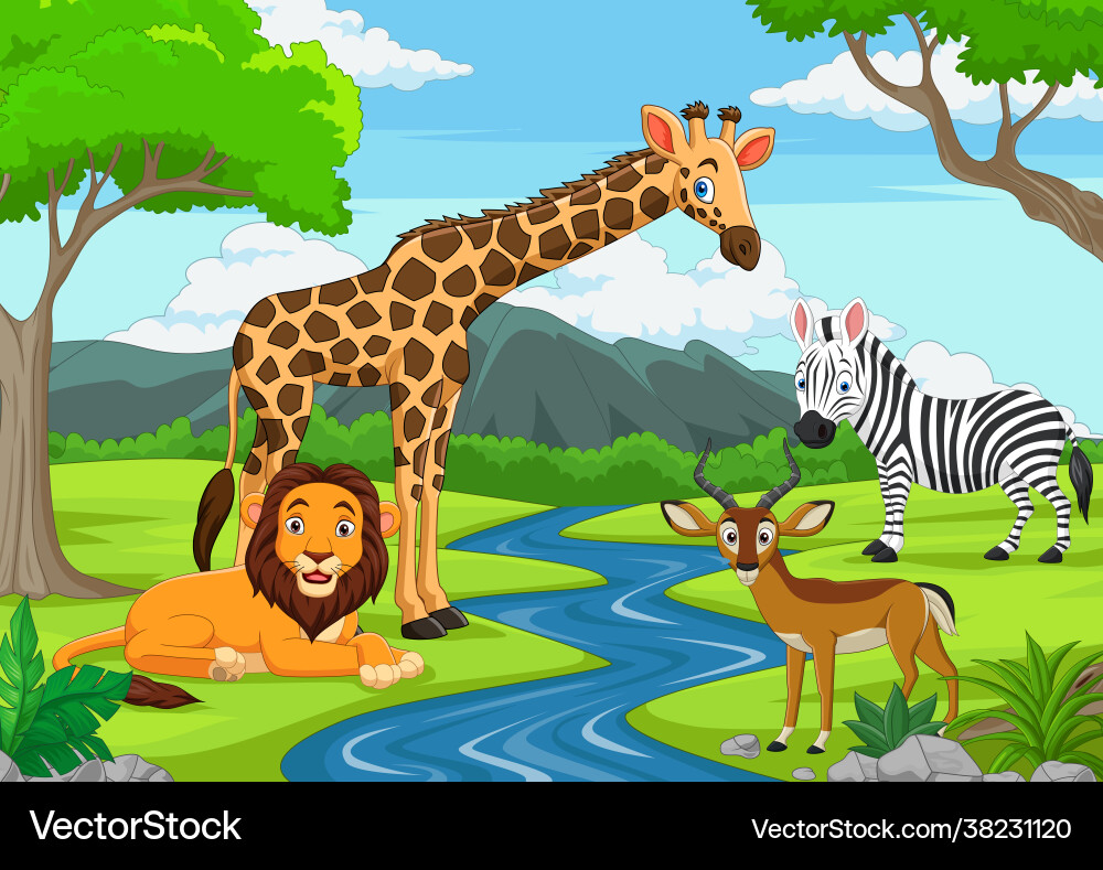 Cartoon wild animals in jungle Royalty Free Vector Image