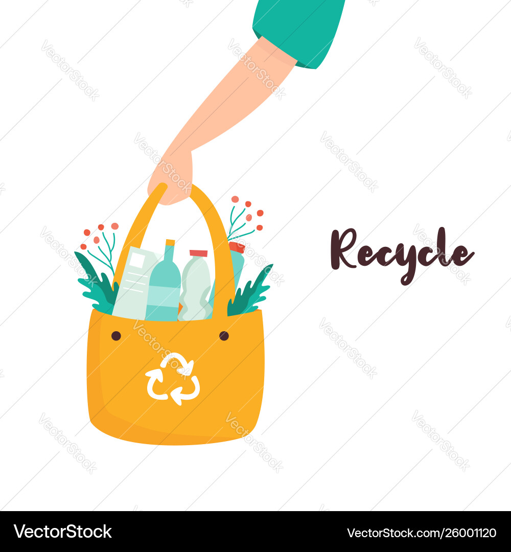 Poster with hand holding bag with sorted garbage Vector Image