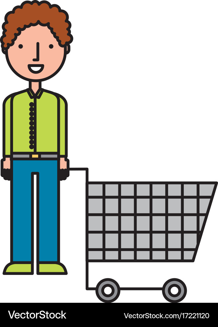 Young man pushing trolley shopping customer Vector Image