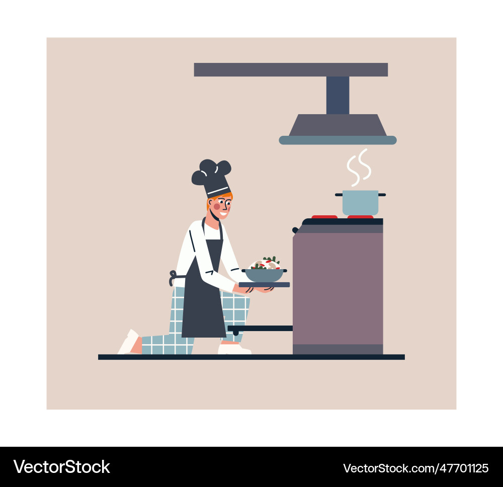 Cartoon character puts dish in oven process Vector Image