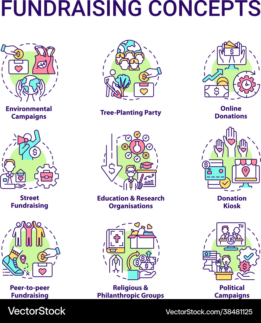 Fundraising concept icons set Royalty Free Vector Image