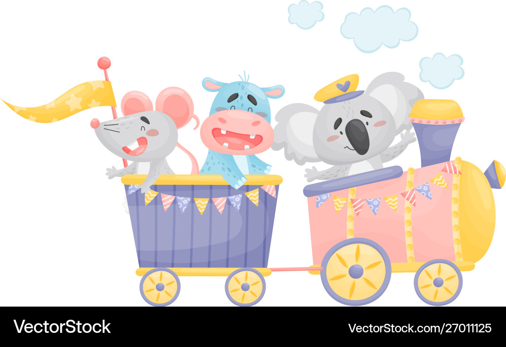 Koala hippo and mouse ride in a train Royalty Free Vector