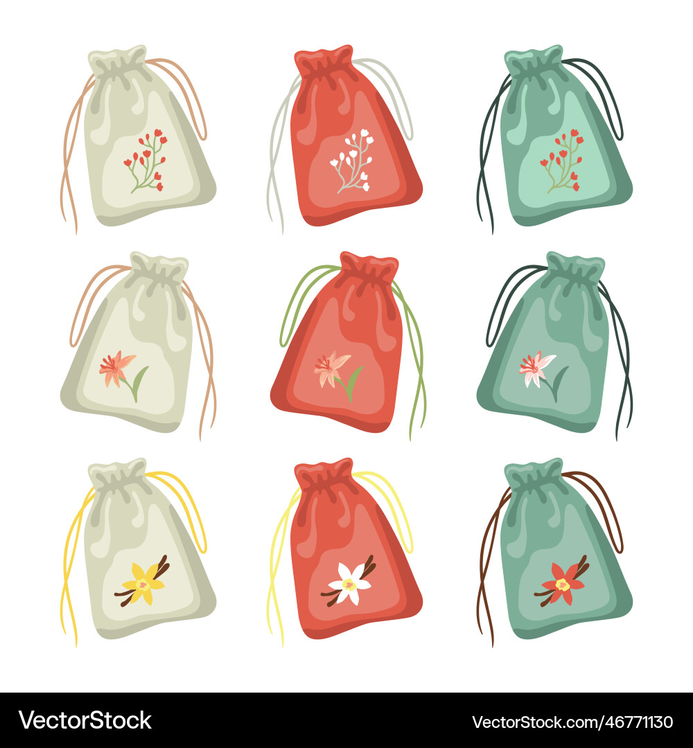 Small fabric bags with laces set Royalty Free Vector Image