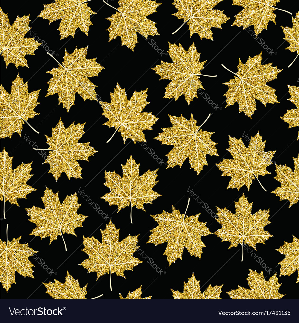 Gold glitter maple fall tree leaf seamless pattern