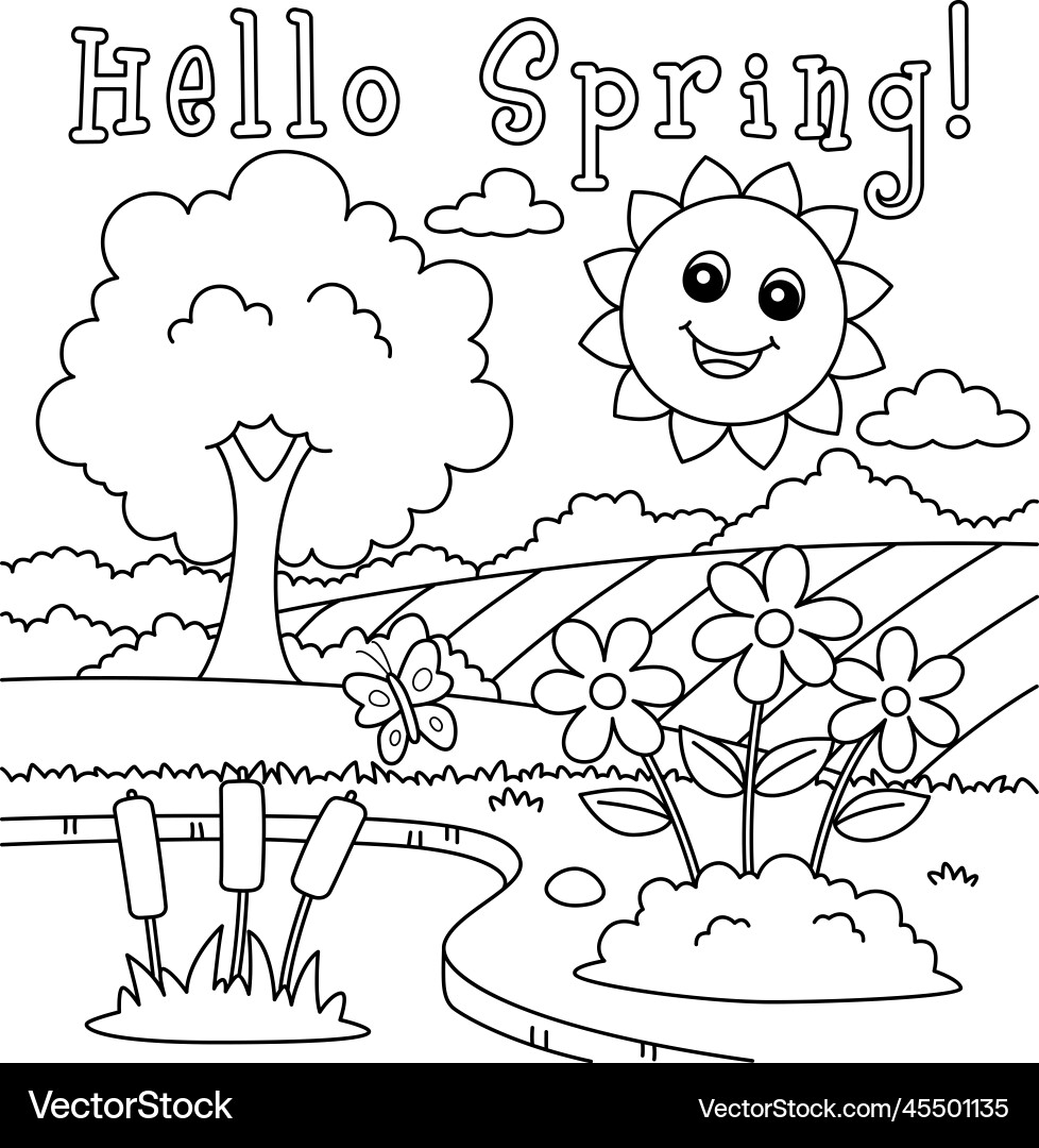 Hello spring smiling sun coloring page for kids Vector Image