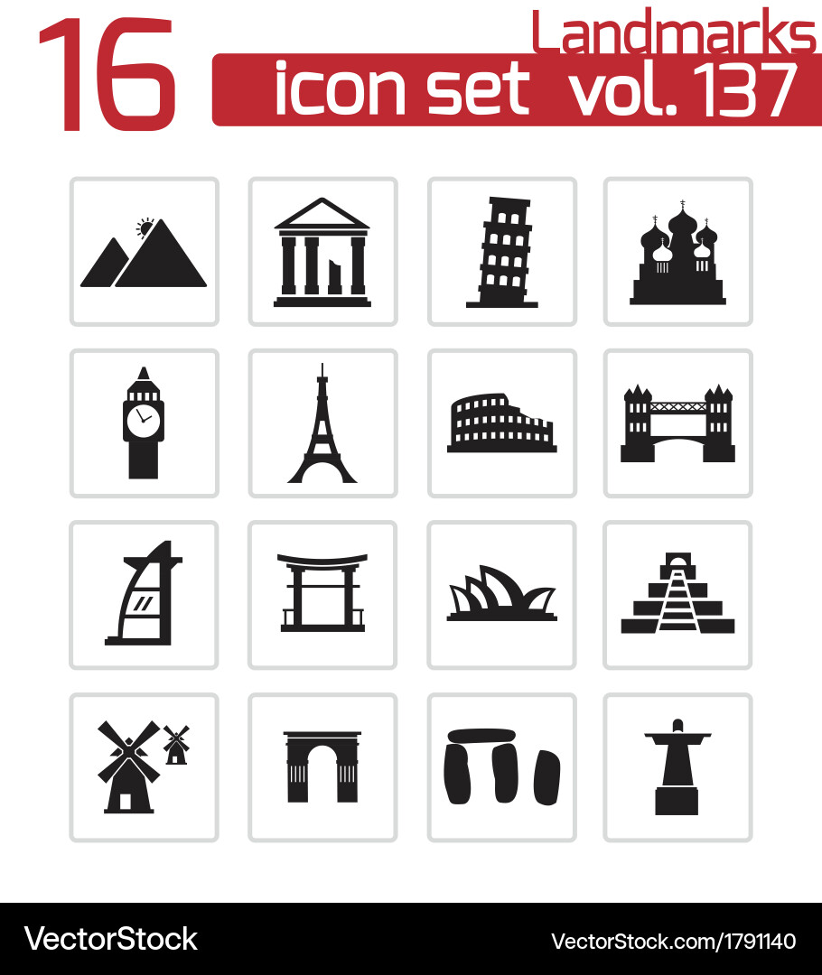 Black landmark icons set Royalty Free Vector Image