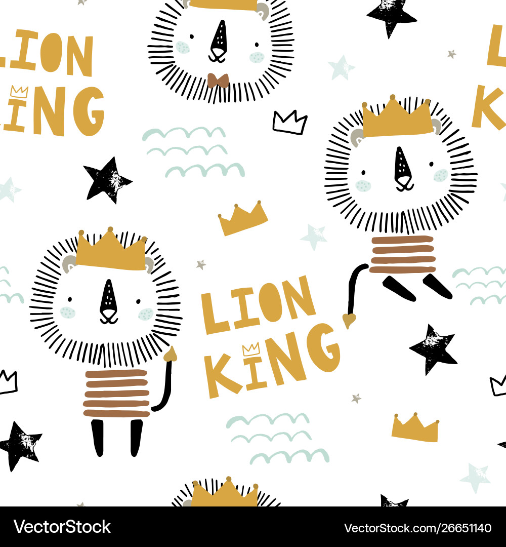 Seamless childish pattern with cute lion king Vector Image