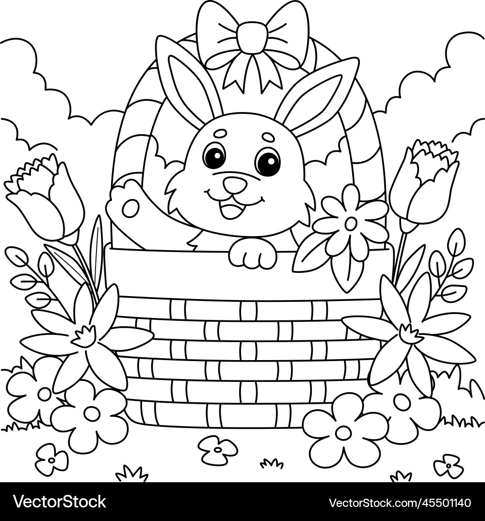 Spring rabbit inside the basket coloring page Vector Image