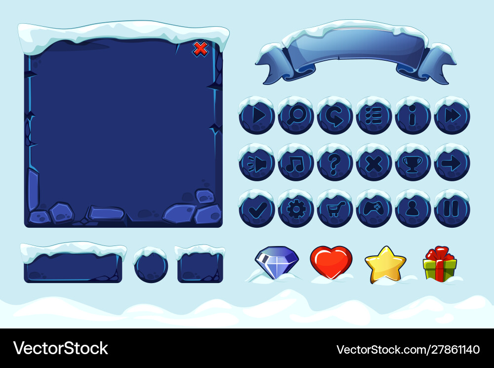 Winter game ui stones buttons with snow Royalty Free Vector