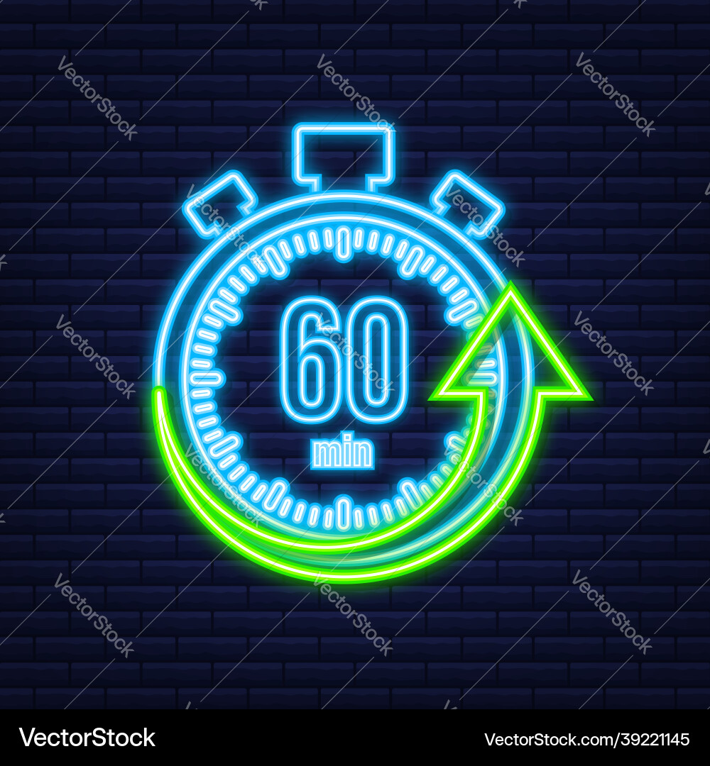 60 minutes stopwatch neon icon Royalty Free Vector Image
