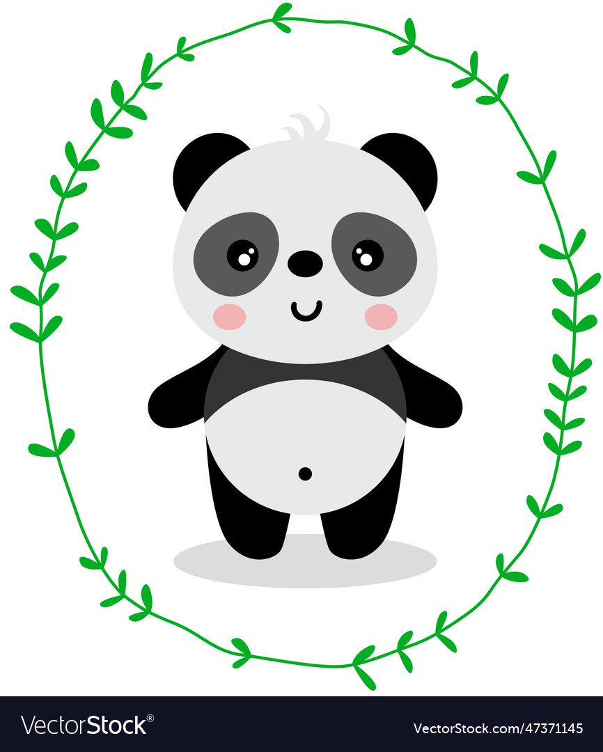 Cute panda inside an oval leaves border Royalty Free Vector