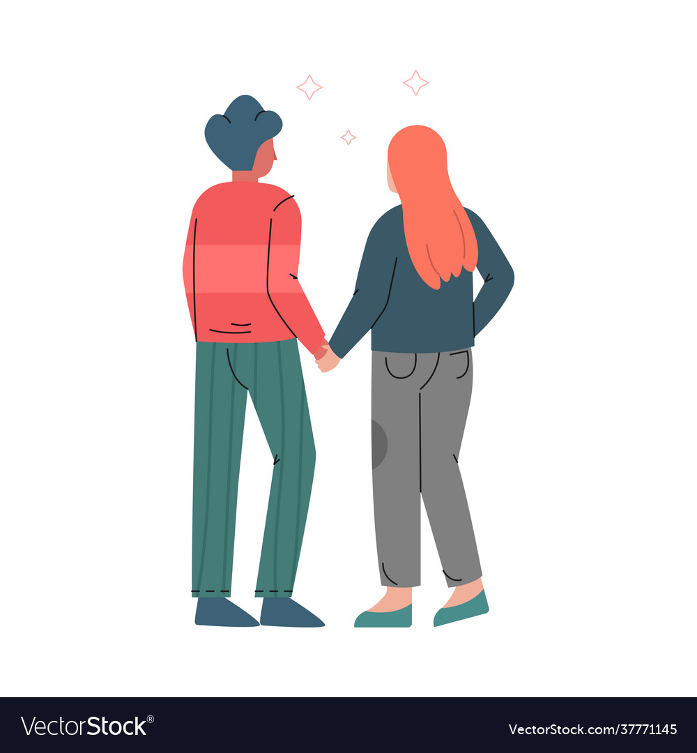 Happy romantic couple walking holding hands back Vector Image