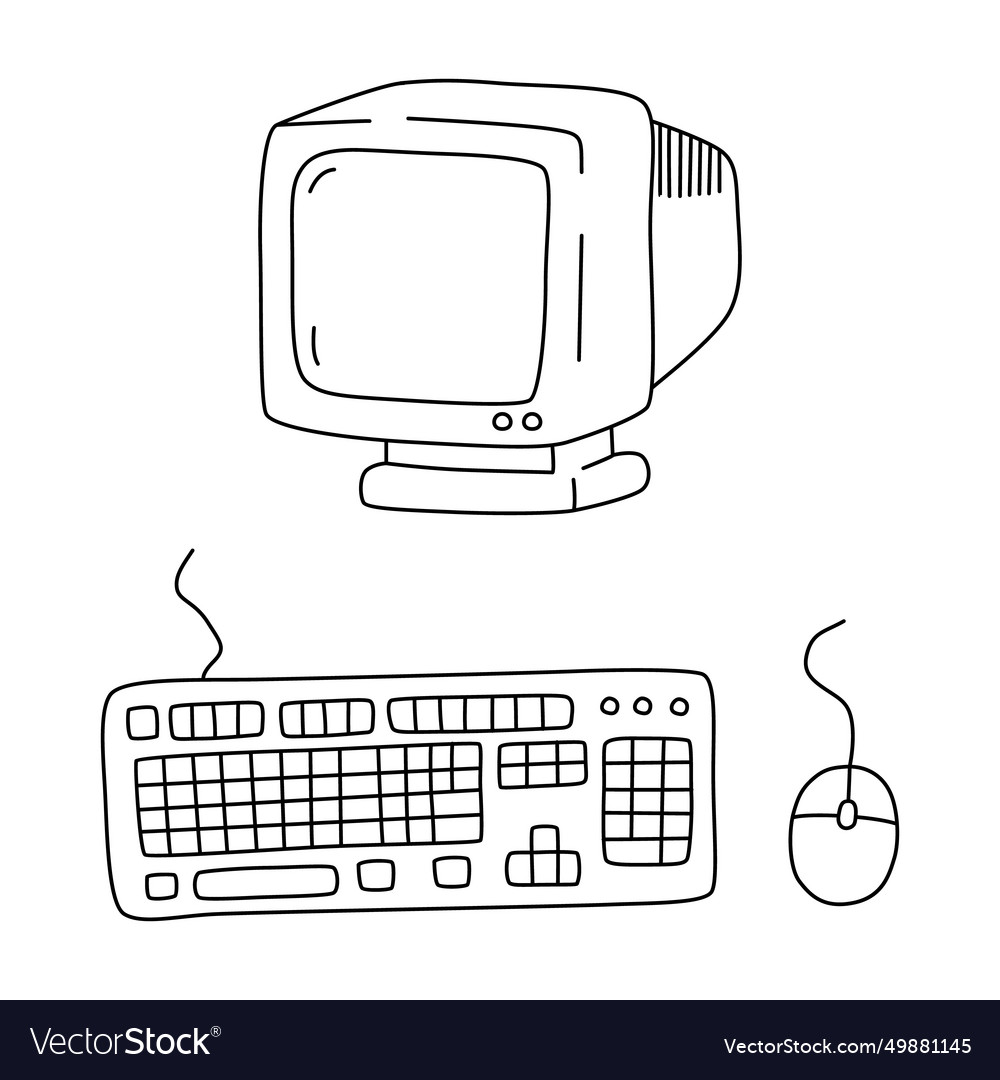 Monitor Keyboard And Computer Mouse Doodle Style Vector Image