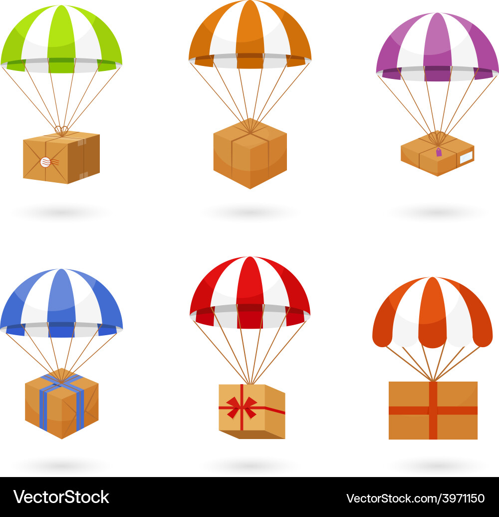 Set colorful parachute carrying boxes Royalty Free Vector